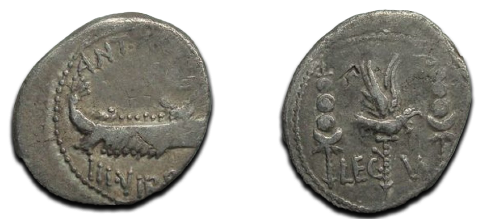 Marcus Antonius - denarius Galei en standaards LEG V (S2108) - LEG V ...