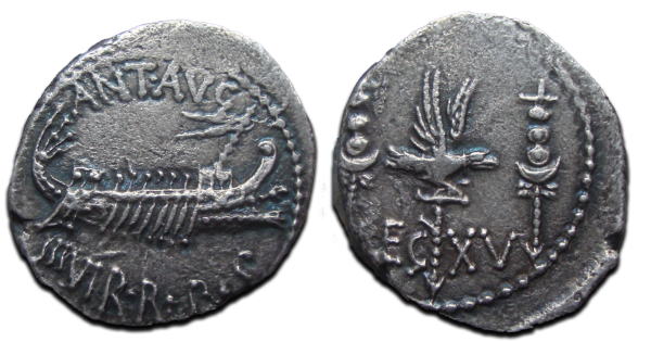 Marcus Antonius - denarius Galei en standaards LEG XV gelegerd in ...