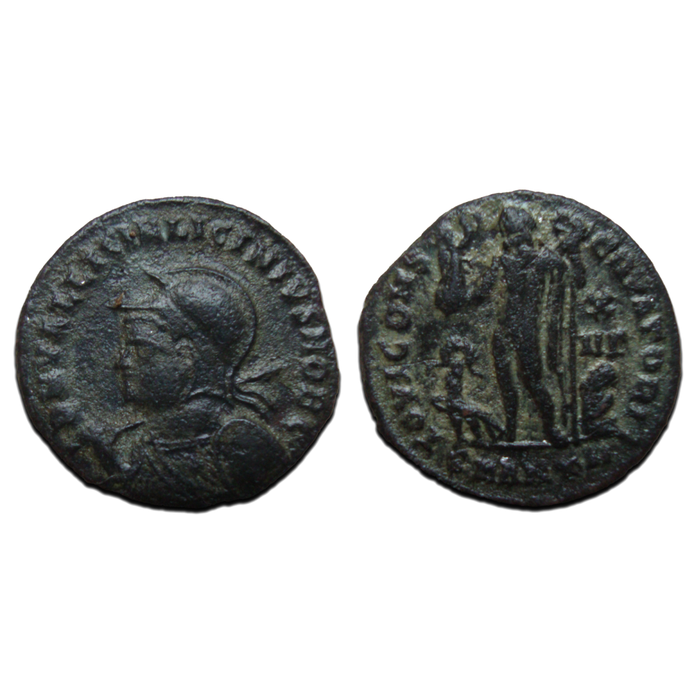 Licinius II - with shield, spear and helmet (D23133) - Antioch, helm en ...