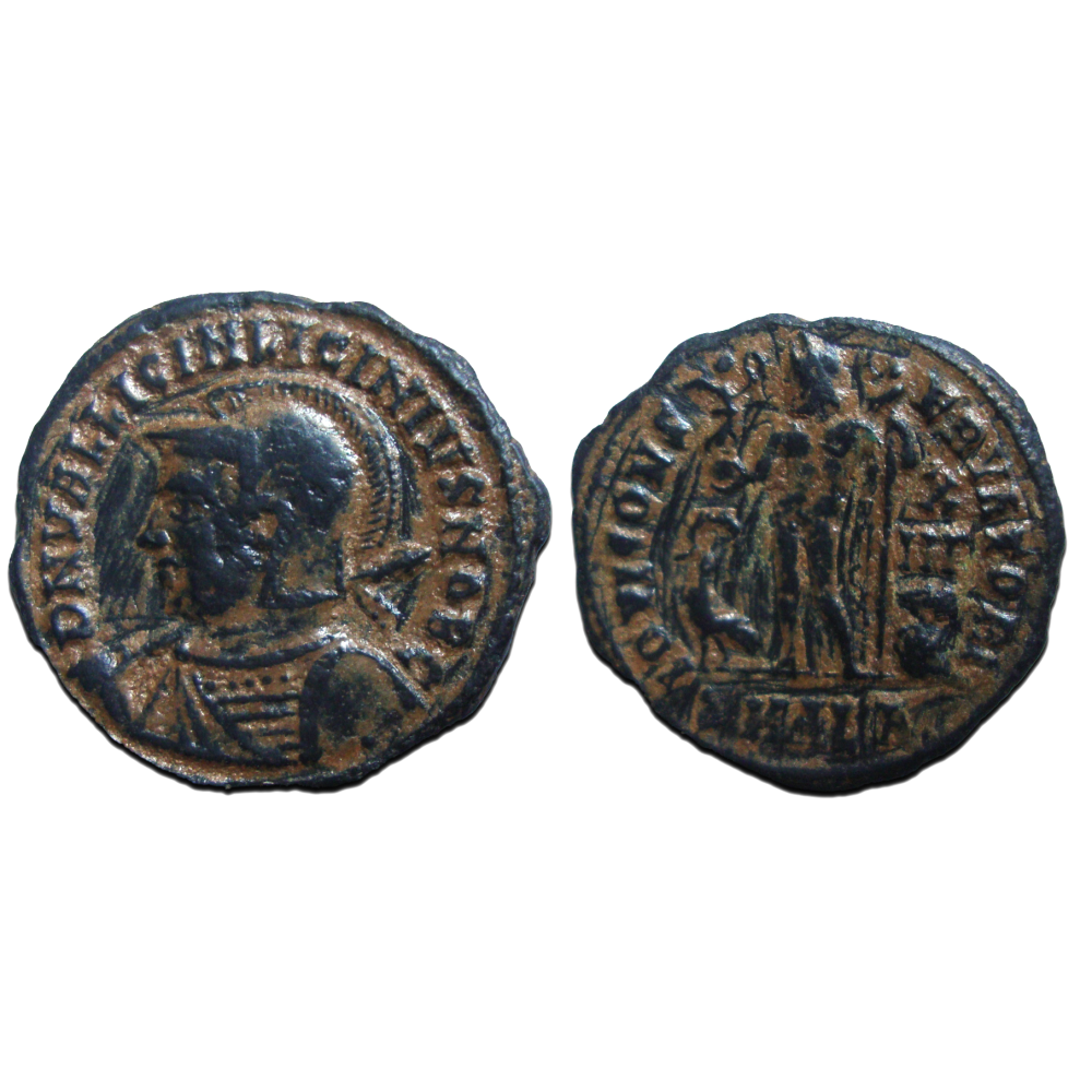 Licinius II - with shield, spear and helmet (F2336) - helmet and spear ...
